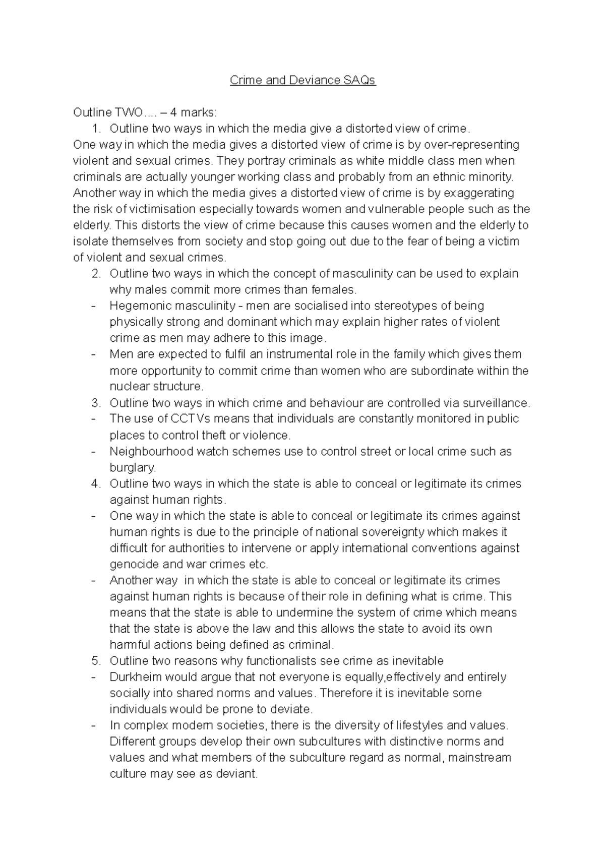 Crime and Deviance: SAQ Analysis and Key Concepts for Sociology - Studocu