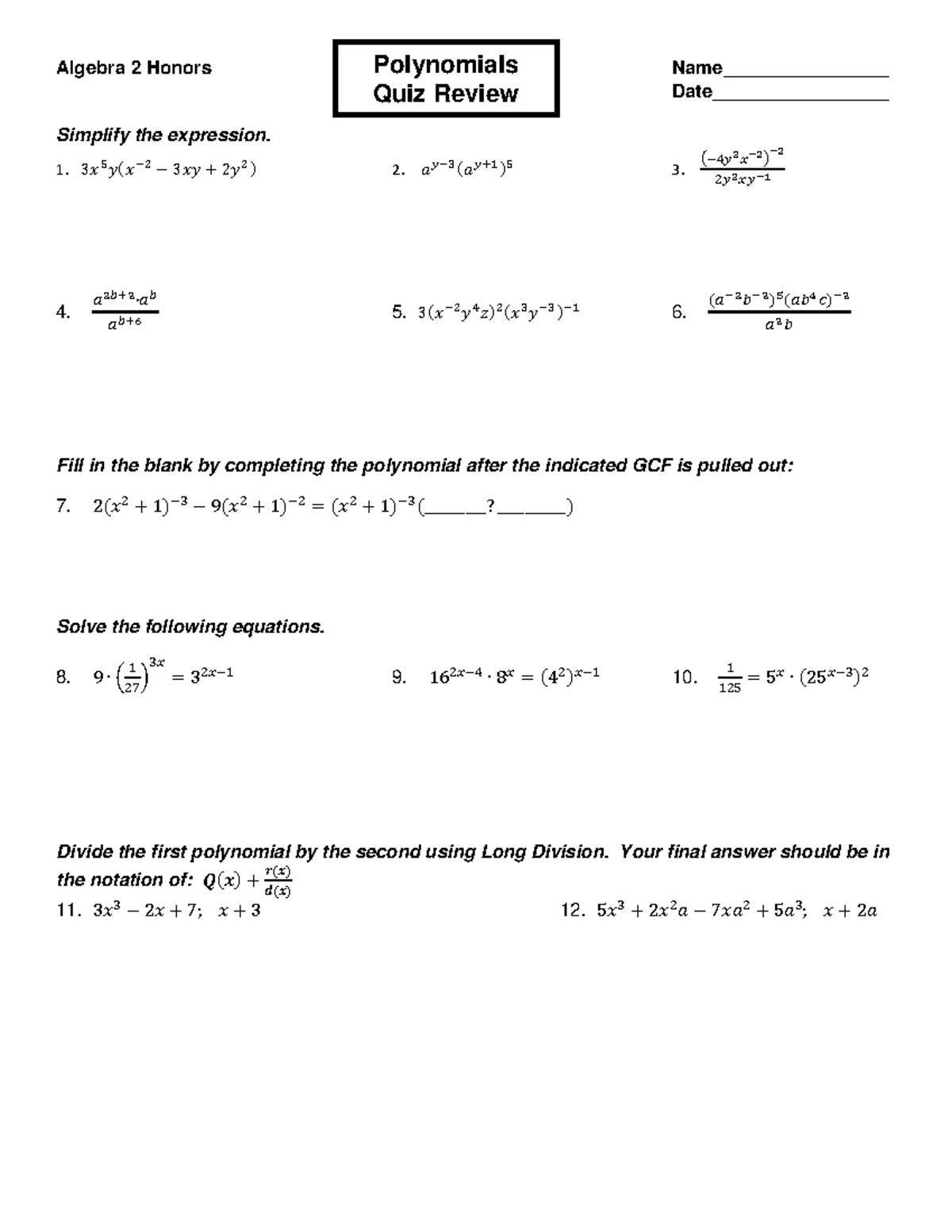 Algebra 2 Honors: Polynomials Quiz Review and Solutions - Studocu