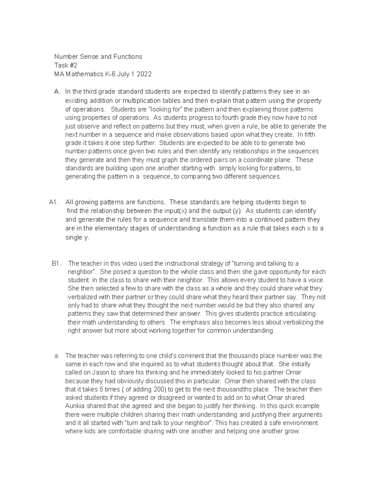 Number Sense AOA1 Task 2 - Number Sense and Functions Task # MA Mathematics K-6 July 1 2022 A ...