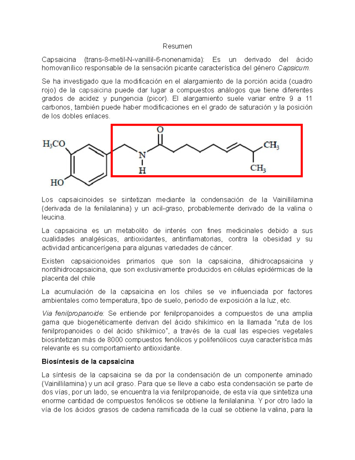 Resumen de la Biosíntesis de Capsaicina y Sus Propiedades Medicinales ...