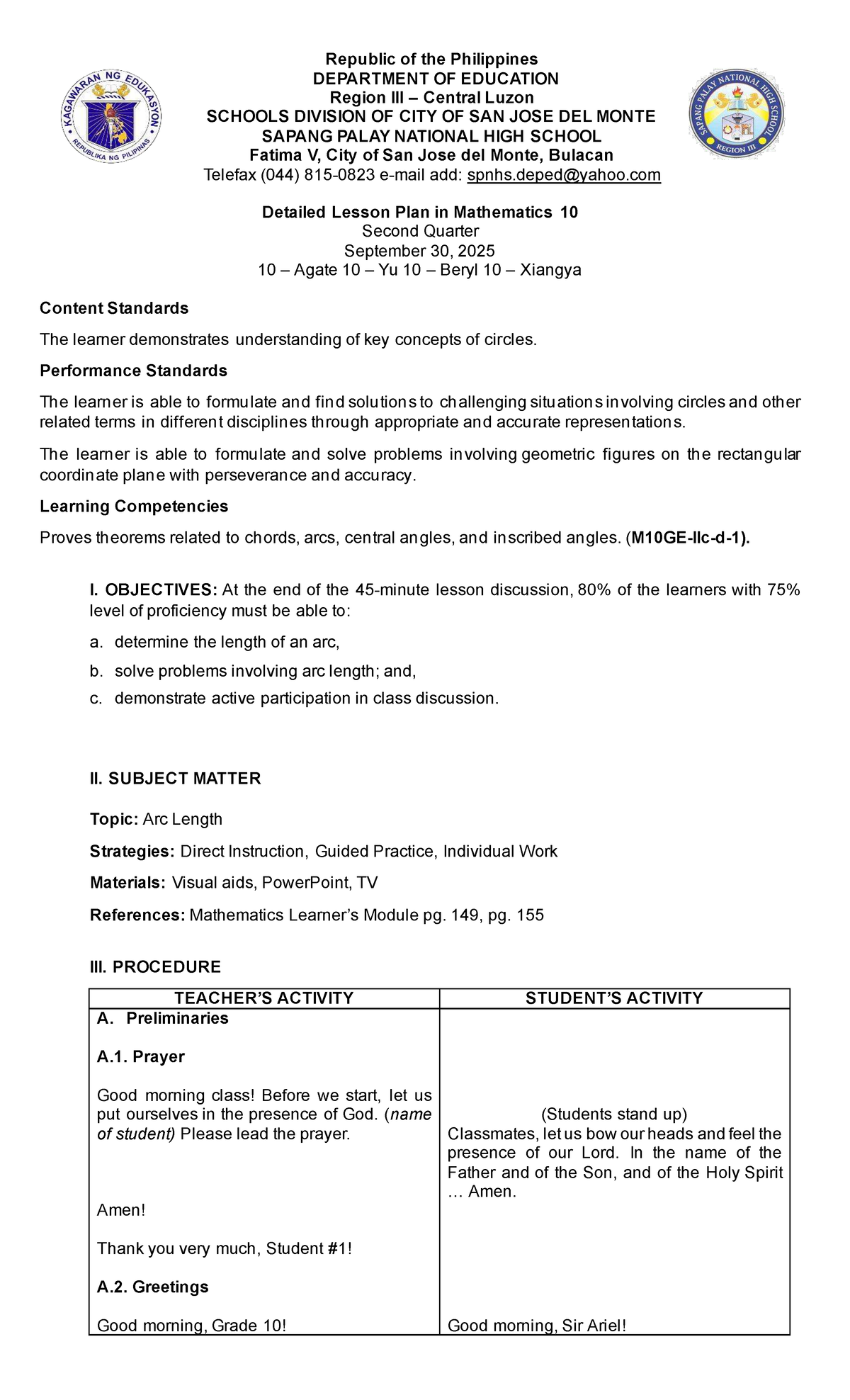Detailed Lesson Plan in Math 10: Arc Length Strategies - Studocu