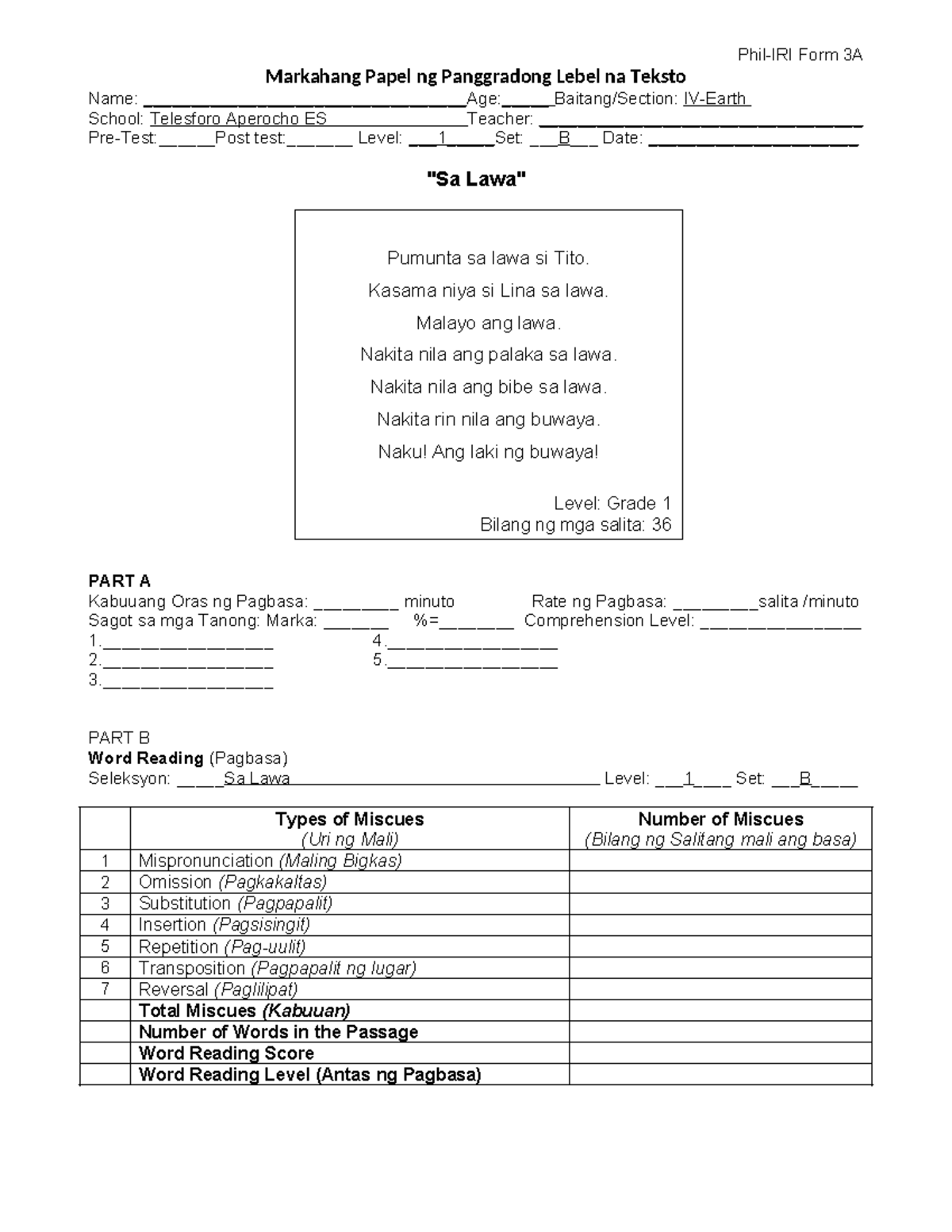 Phil-IRI Form 3A: Reading Level Assessment for Grades 1-4 - Studocu