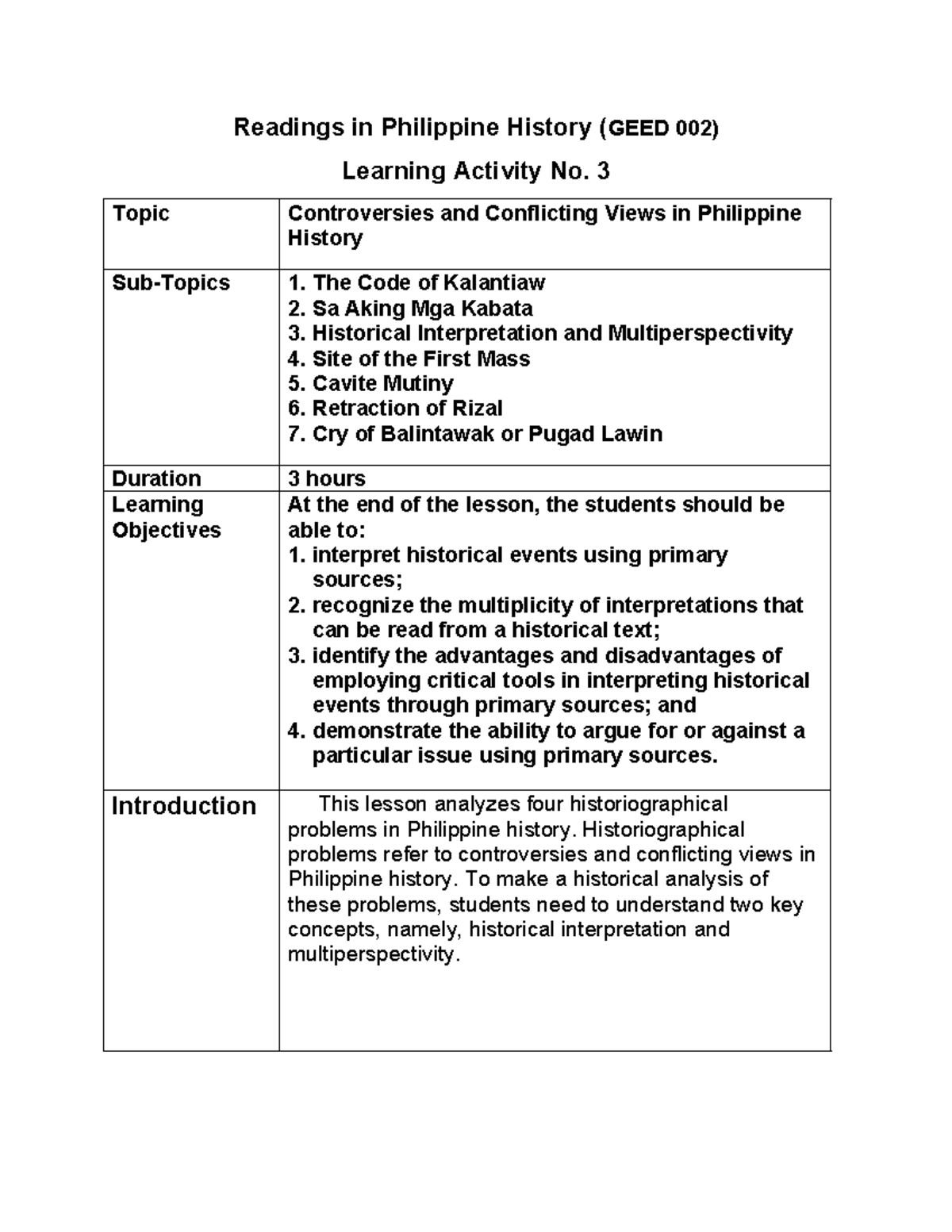 Readings IN PH History Learning Activity No - Readings in Philippine ...