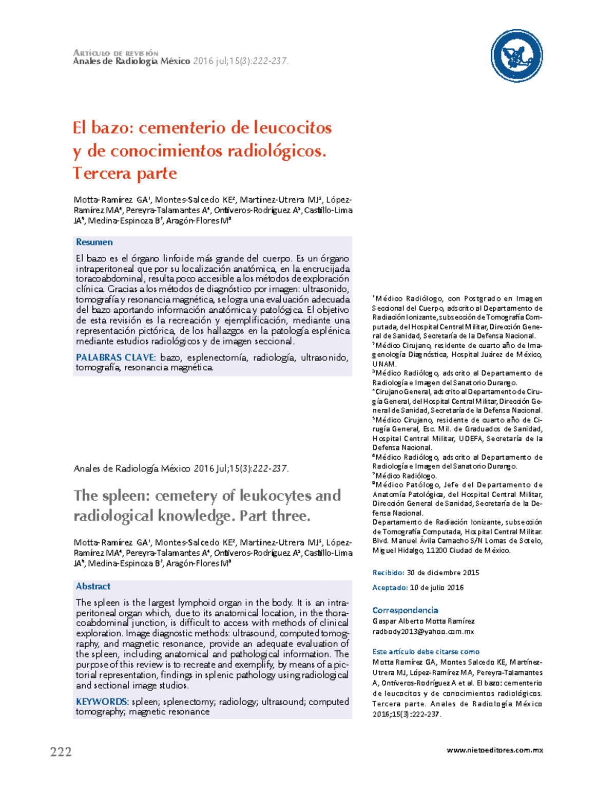 Lesiones esplenicas - Resumen Quimica - 222 nietoeditores.com artículo ...