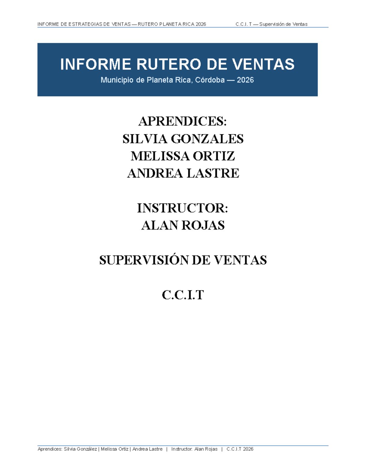 Informe de Estrategias de Ventas Rutero C.C.I.T 2026 - Planeta Rica ...