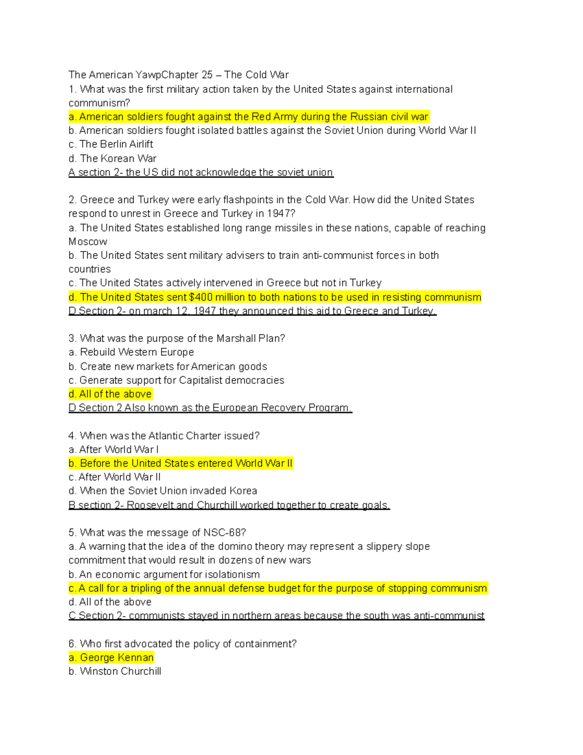 Chapter 25 - The American YawpChapter 25 – The Cold War What was the ...