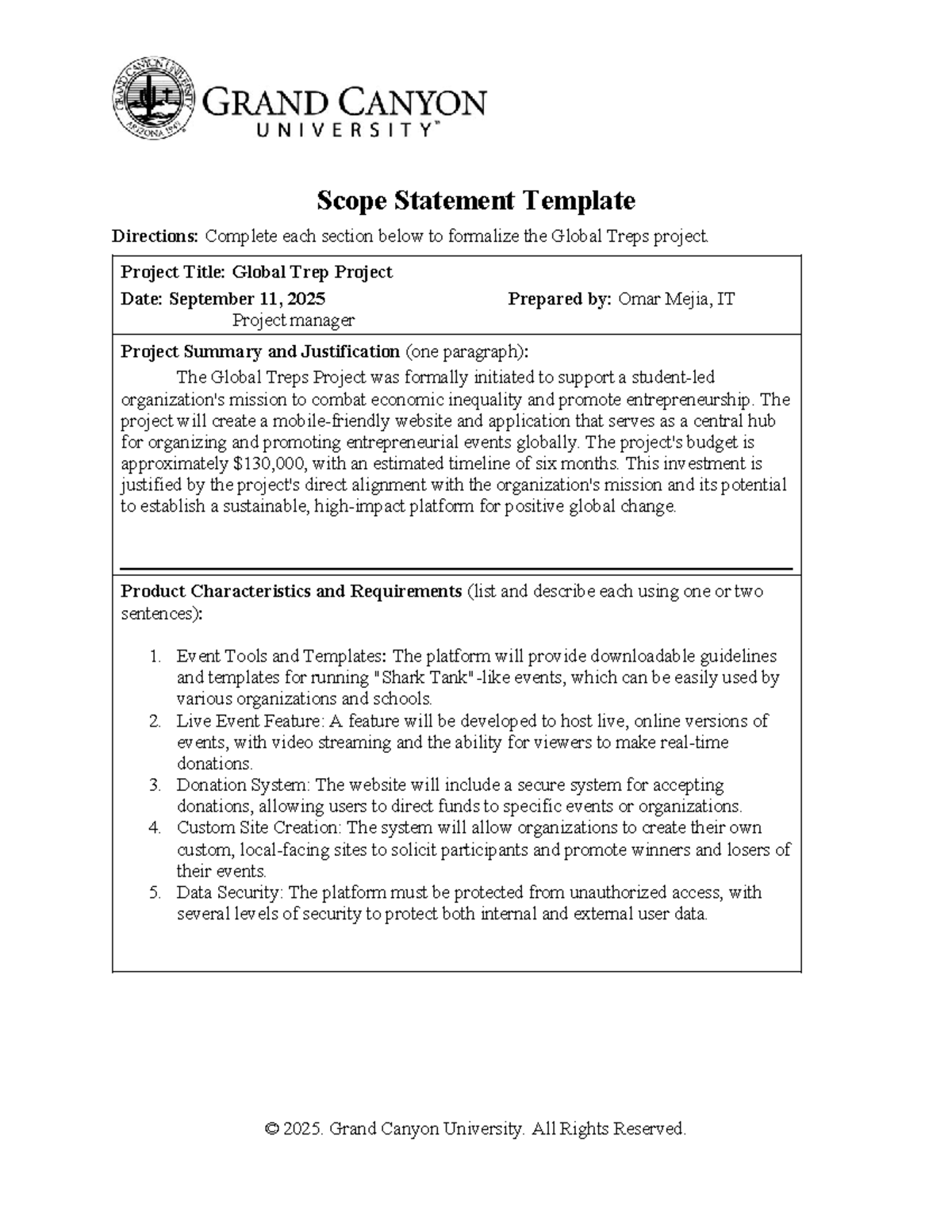 BIT 415 RS Global Treps Project Scope Statement Template - Studocu