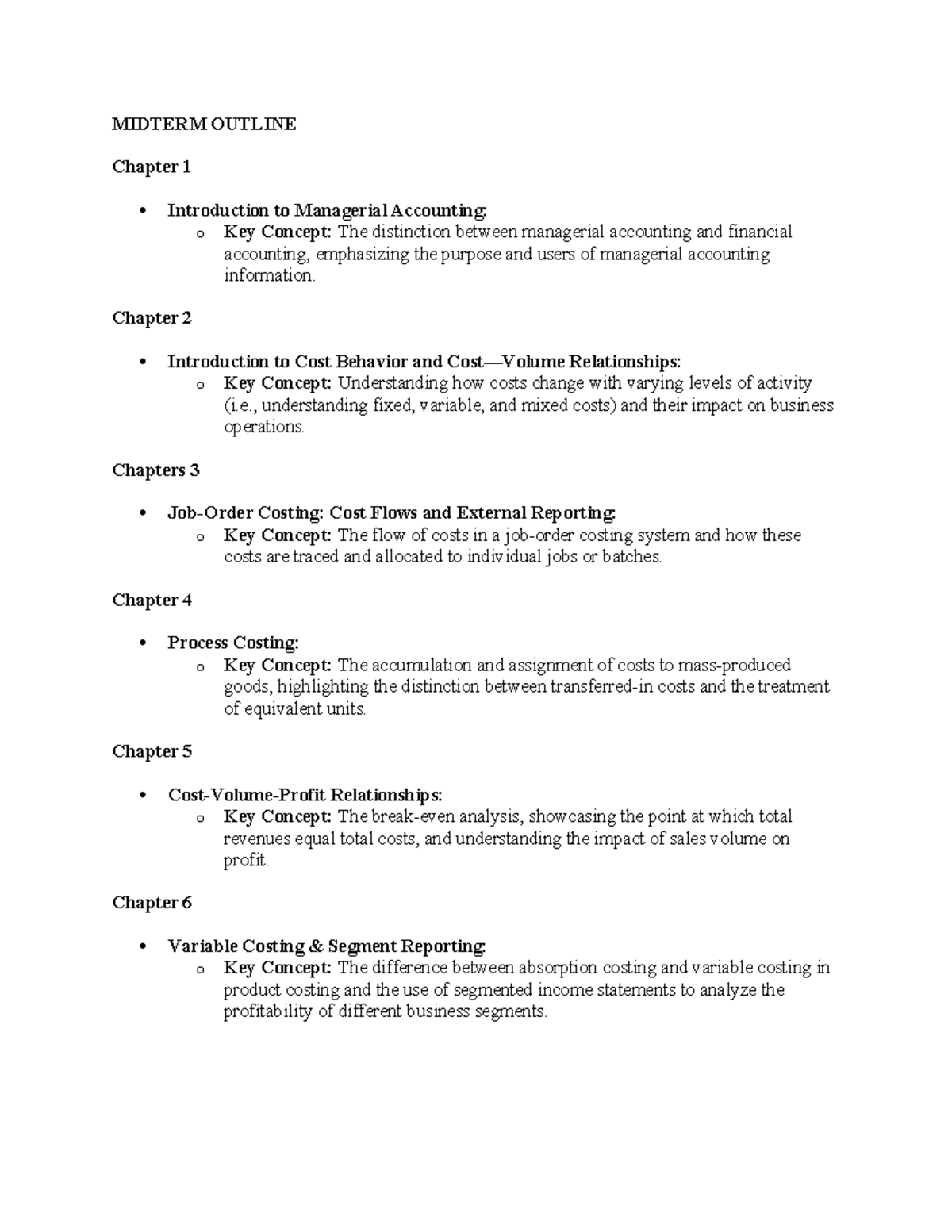 Managerial Accounting MIDTERM OUTLINE: Key Concepts and Chapters - MIDTERM OUTLINE Chapter 1 ...