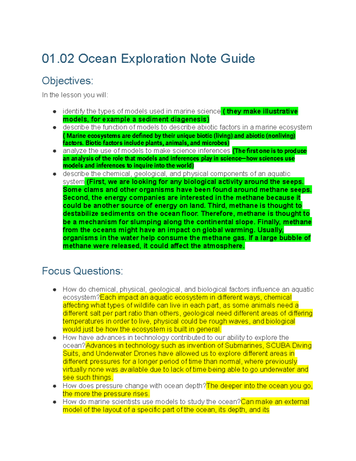 01.02 Ocean Exploration Lesson Note Guide and Overview - Studocu