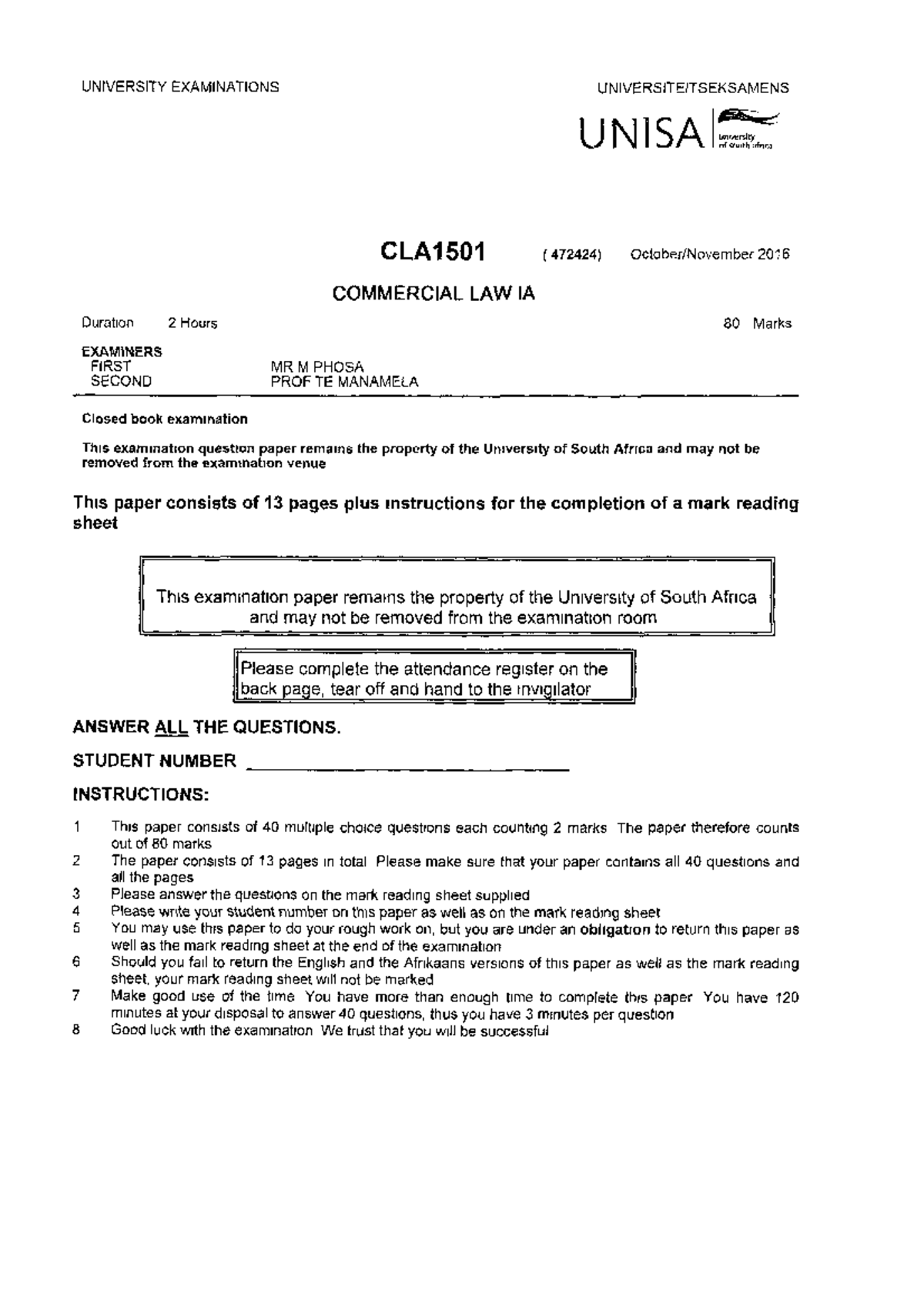 CLA1501 2016 10 E 1 - Study guide - CLA1503 - Studocu