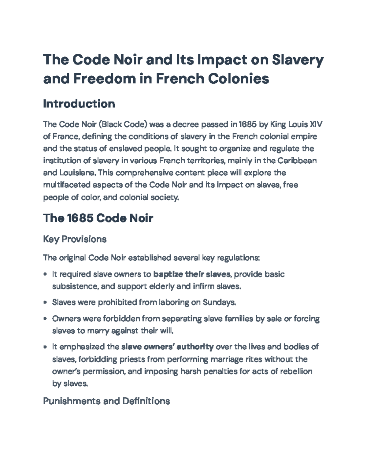 The Code Noir: Analyzing Its Impact on Slavery in French Colonies (HIST ...