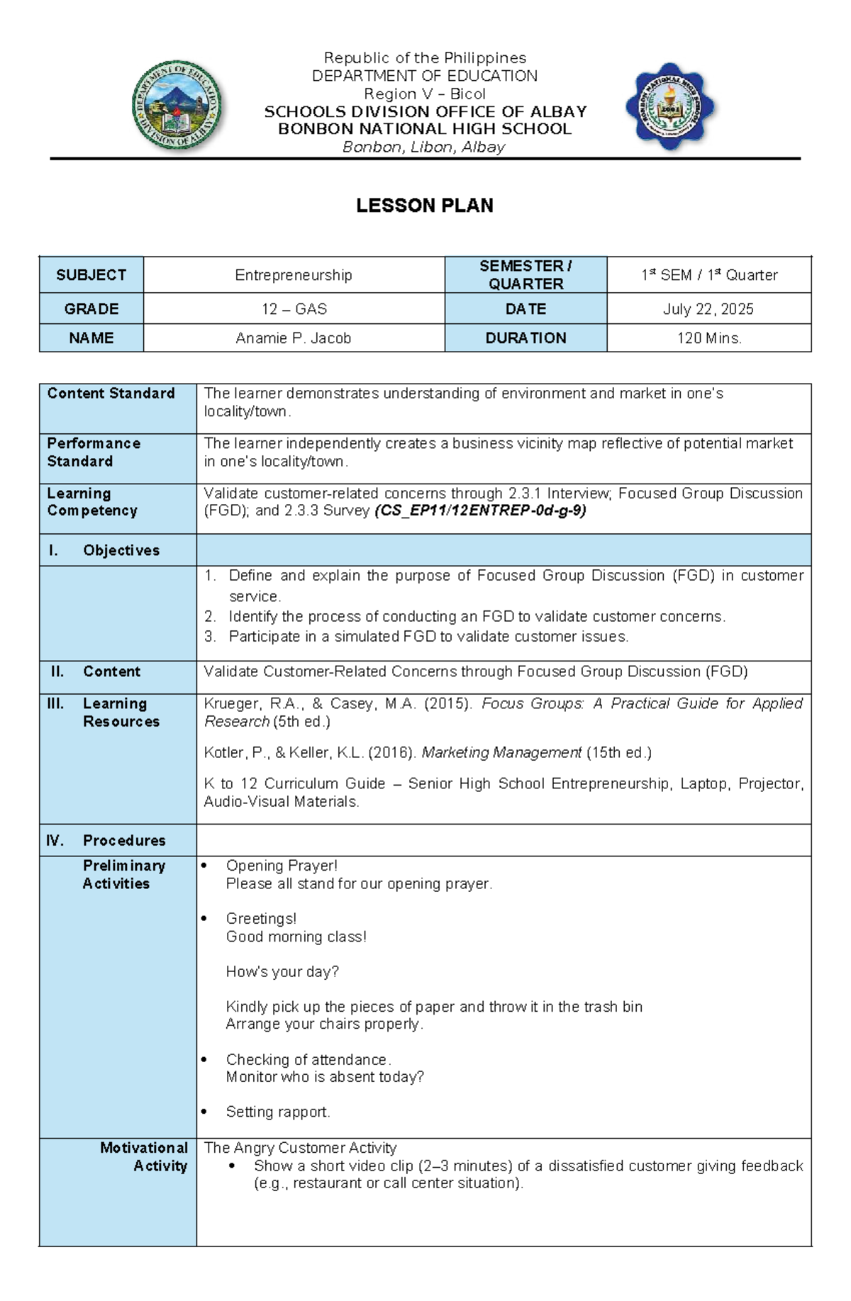 DLP Entrep 07: Lesson Plan on Focused Group Discussion for Grade 12 ...