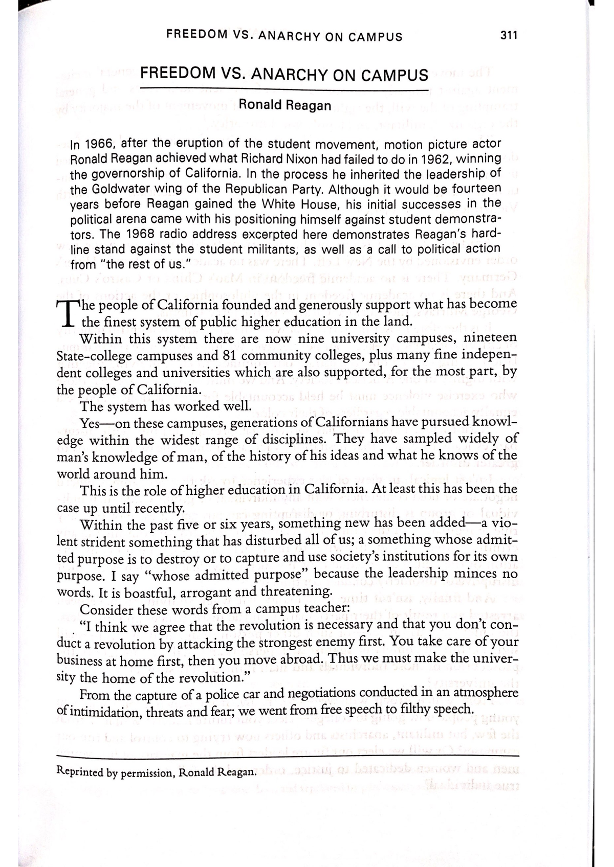 Reagan.CA's Higher Ed: Freedom vs. Anarchy on Campus Analysis - Studocu