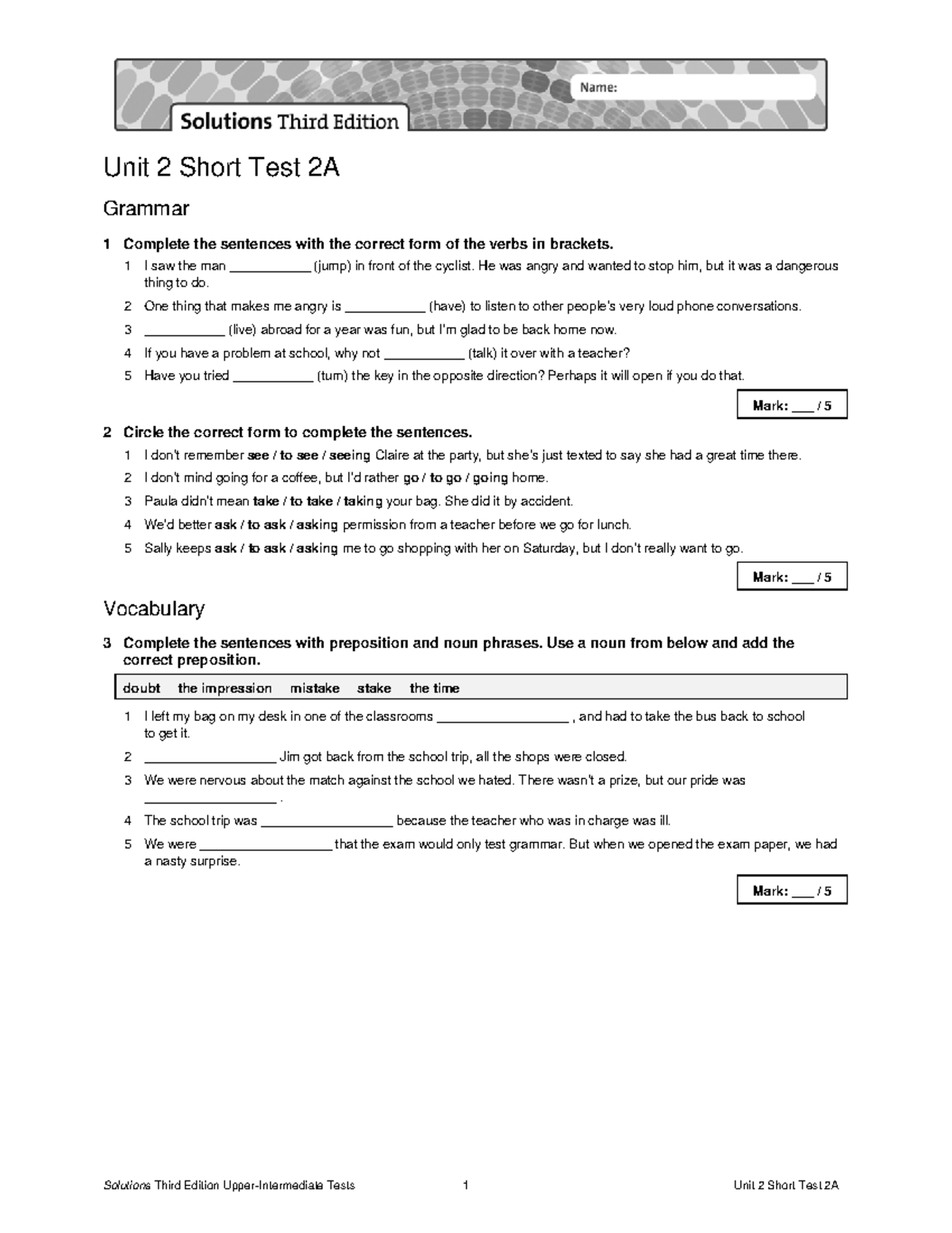 Unit 2 Short Test 2A - Grammar & Vocabulary Solutions - Studocu