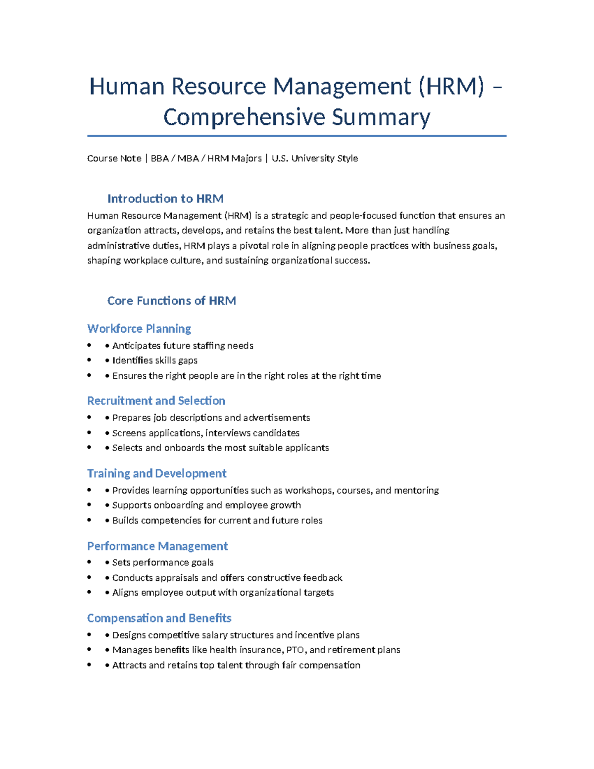 HRM Comprehensive Course Notes for BBA/MBA Majors: U.S. University ...