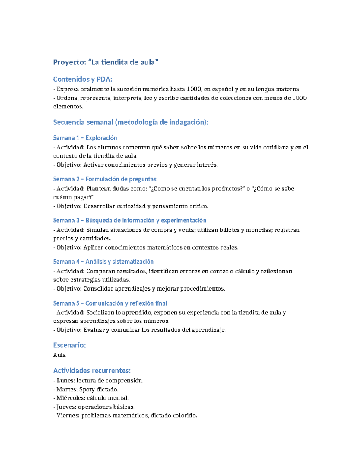 Planeación de Matemáticas: Tiendita y PDA - Secuencia Semanal - Studocu