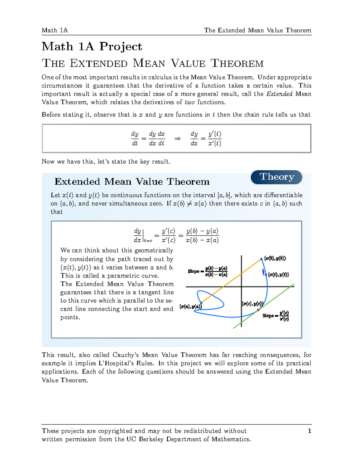 Math 1A Project: Exploring the Extended Mean Value Theorem - Studocu