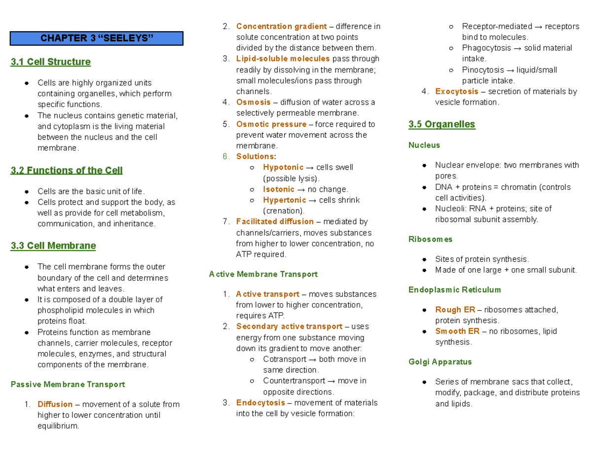 Anaphy 101 Midterm Summary: Cell Structure & Function Insights - Studocu
