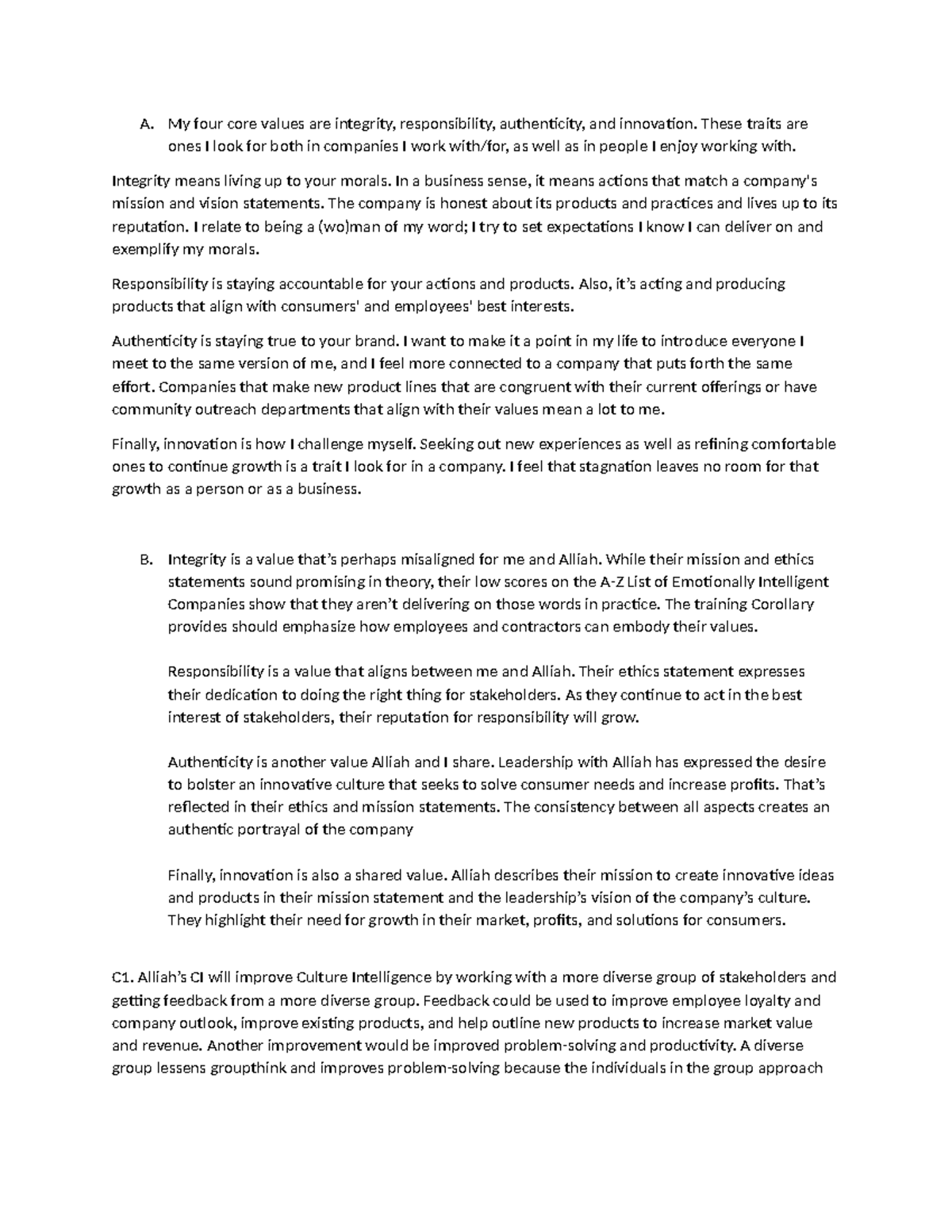 D082 Task 2 - Core Values Analysis and Company Alignment - Studocu