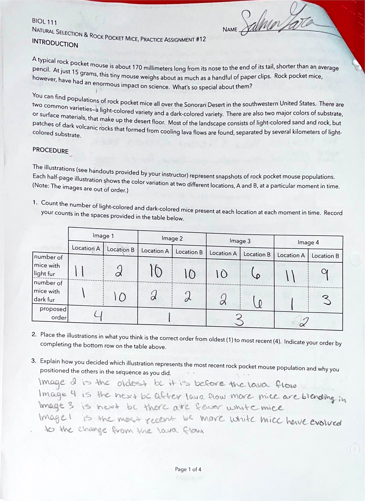 BIOL111 Practice Assignment #12: Natural Selection in Rock Pocket Mice ...