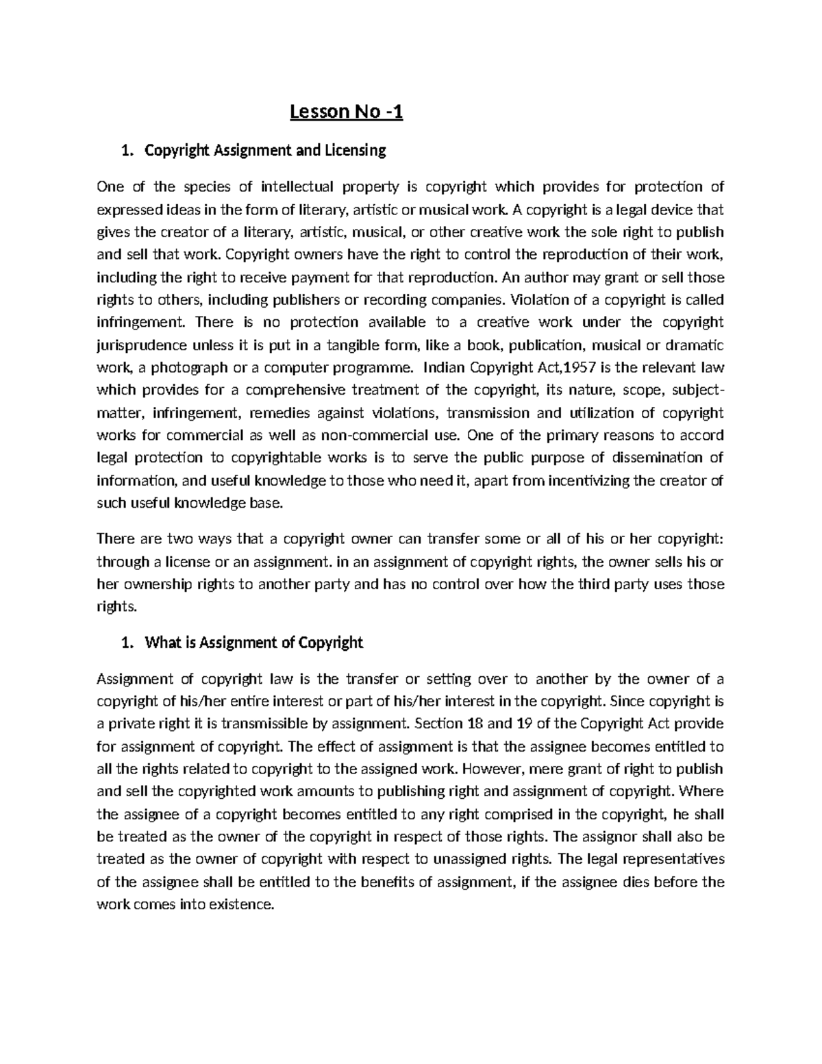 IPR 101: Key Concepts on Copyright Assignment & Licensing - Studocu
