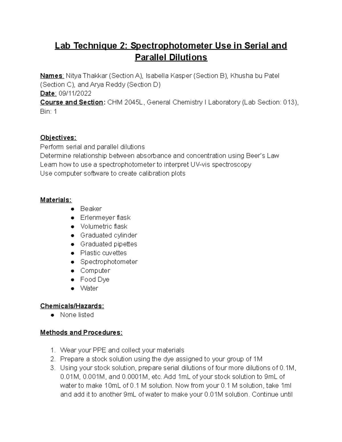 Pre Lab Plan #2 - Pre Lab 2 - Lab Technique 2: Spectrophotometer Use in Serial and Parallel ...