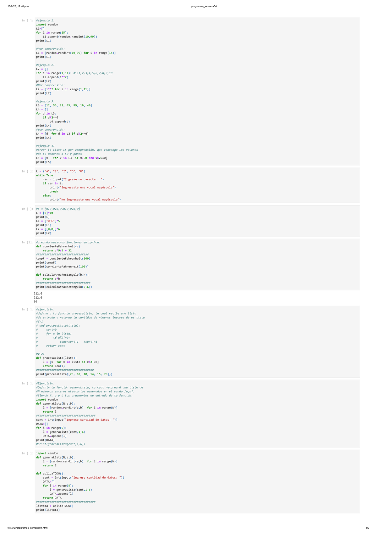 Programas Semana 04 - Ejercicios de Python y Comprensión de Listas - Studocu