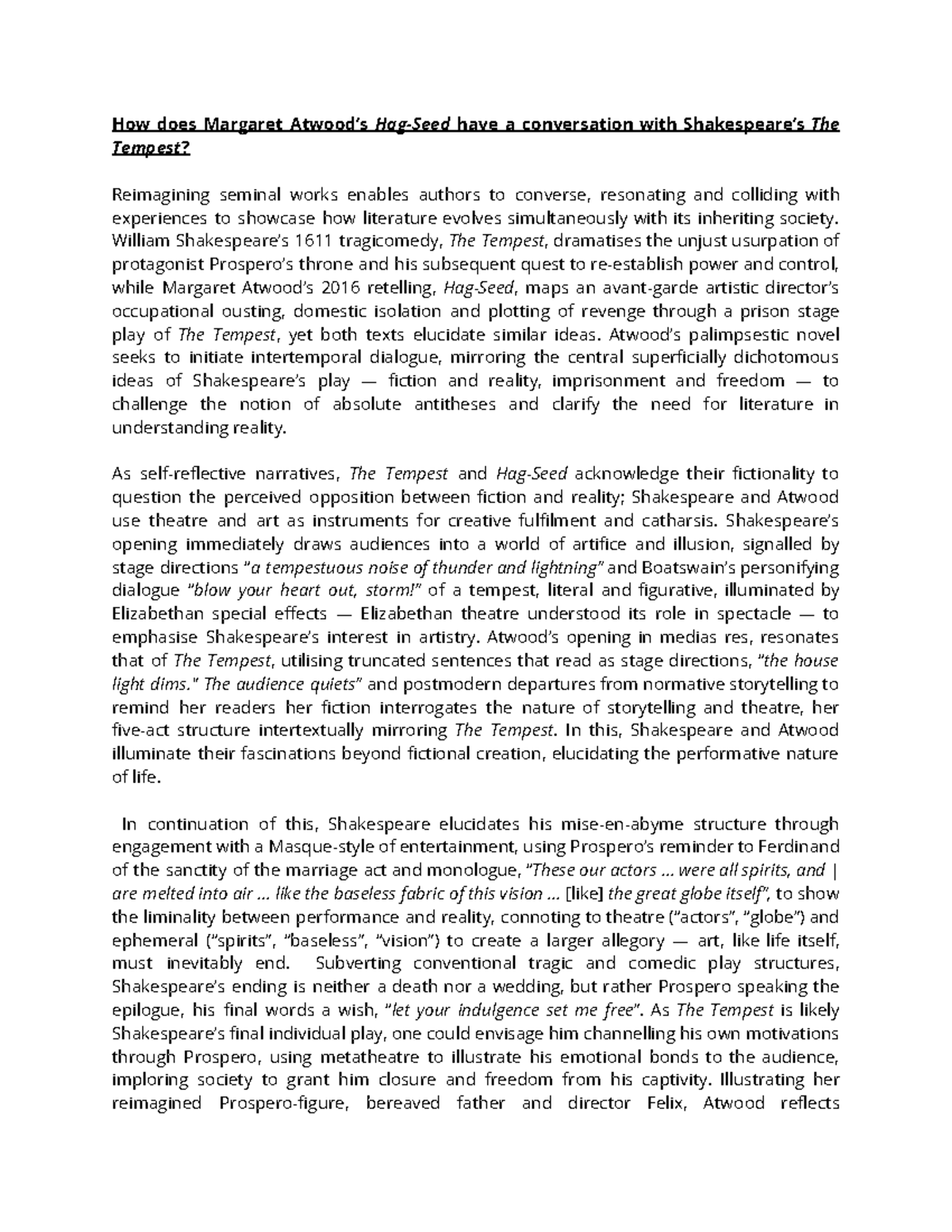 Reimagining The Tempest: A Comparative Analysis of Atwood and ...