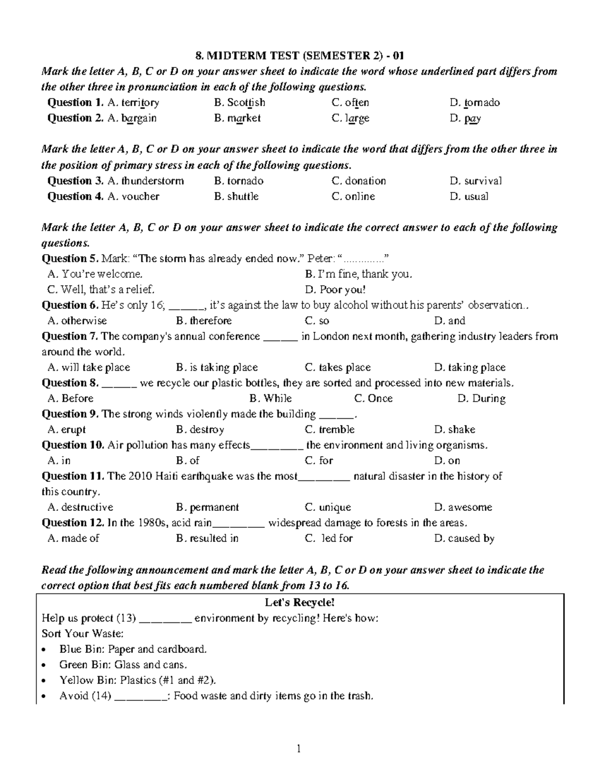 8. Midterm Test (Semester 2) - 01 - Mark the letter A, B, C or D on ...