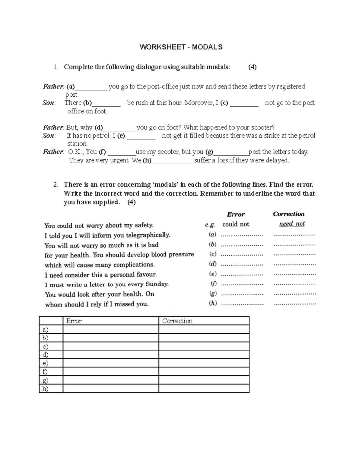 Modals Worksheet 1: Exercises on Usage and Corrections - Studocu
