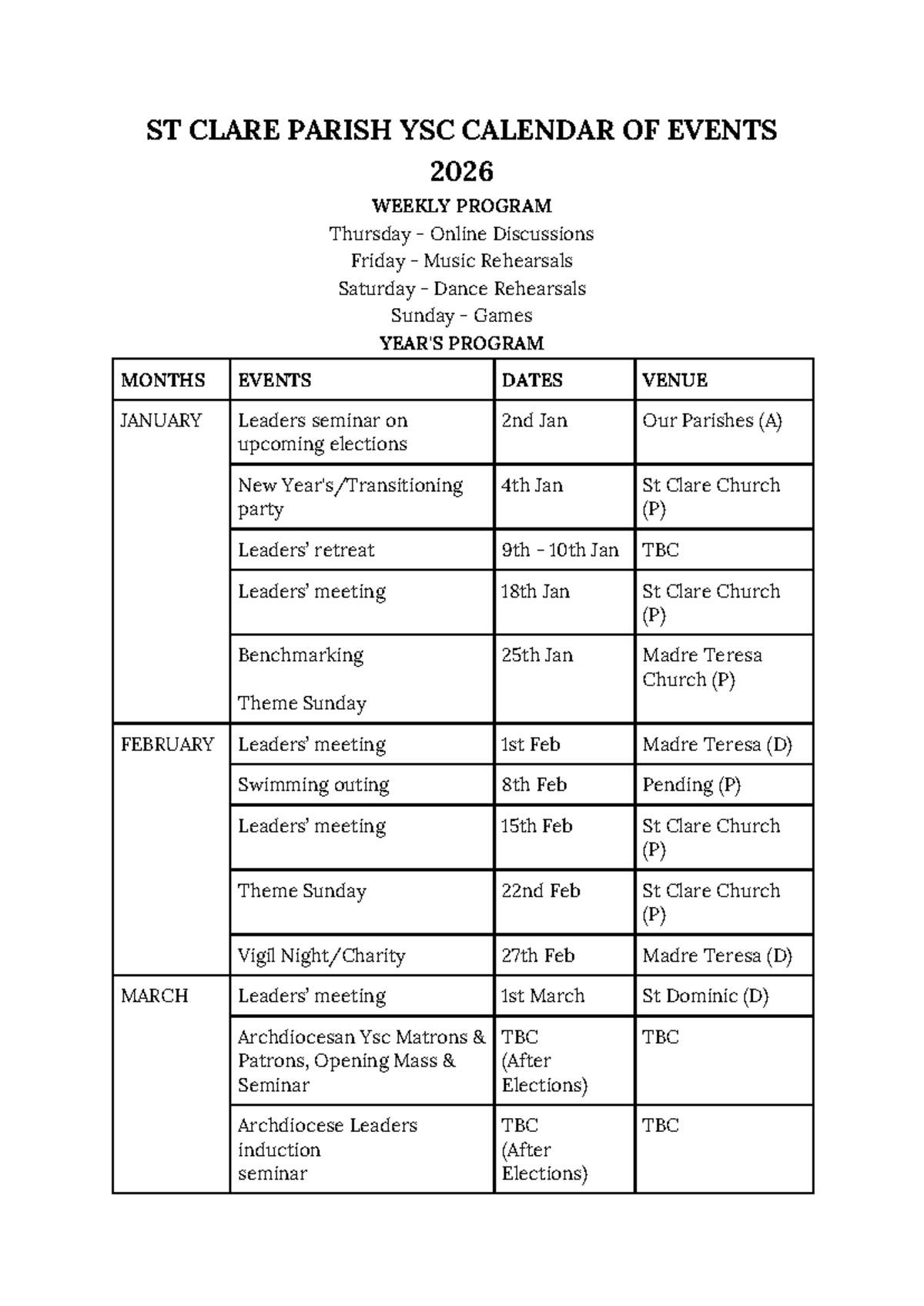 ST CLARE PARISH YSC 2026 CALENDAR OF EVENTS & PROGRAMS - Studocu