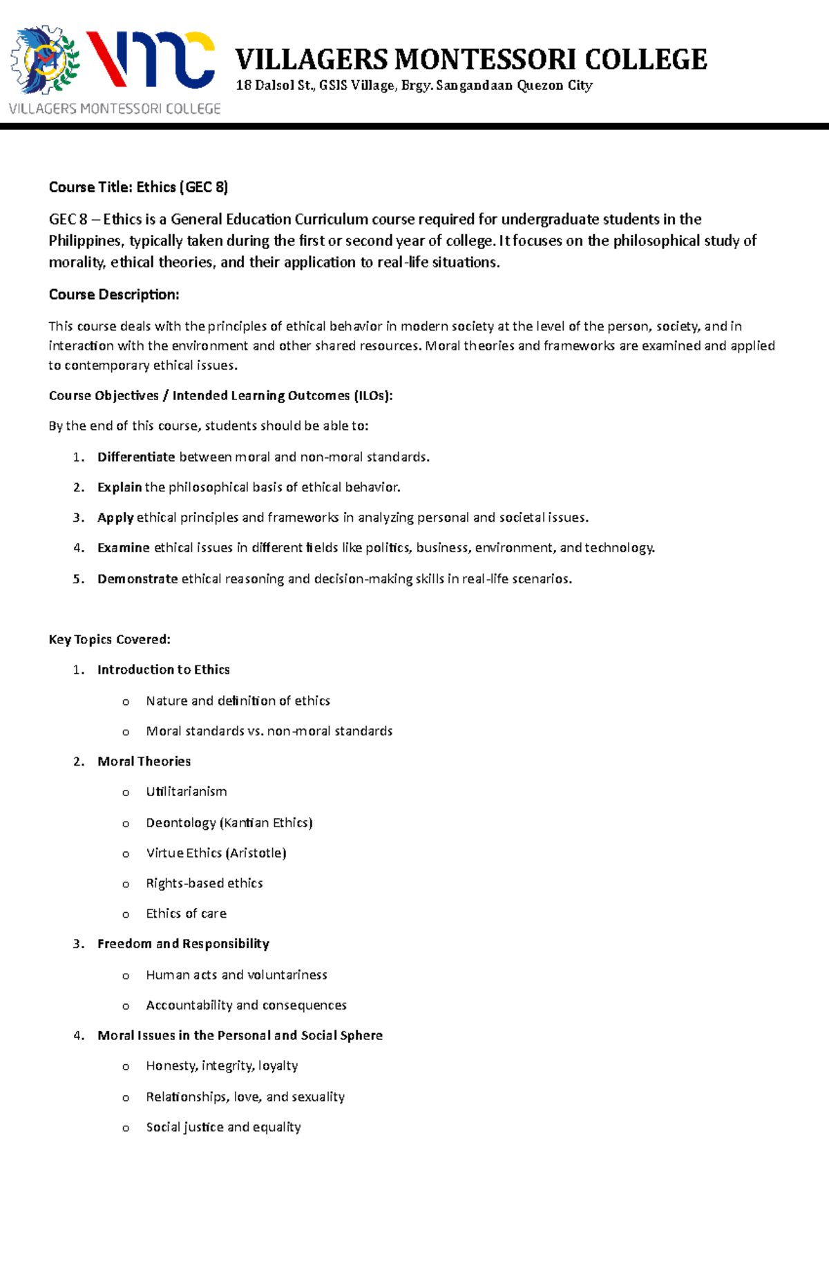 Ethics GEC 8 Module: Weekly Lessons & Activities Overview - Studocu