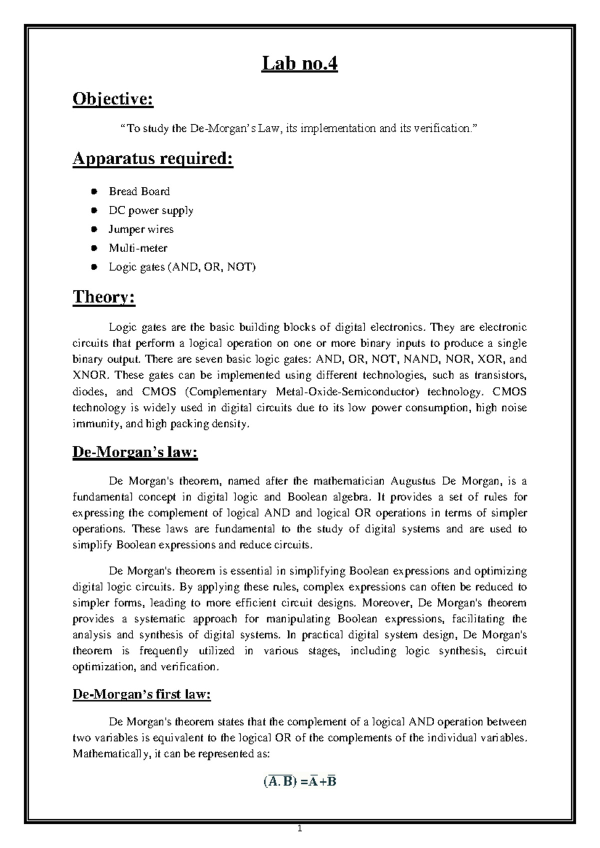 Lab Experiment on De-Morgan's Law Verification and Implementation - Studocu