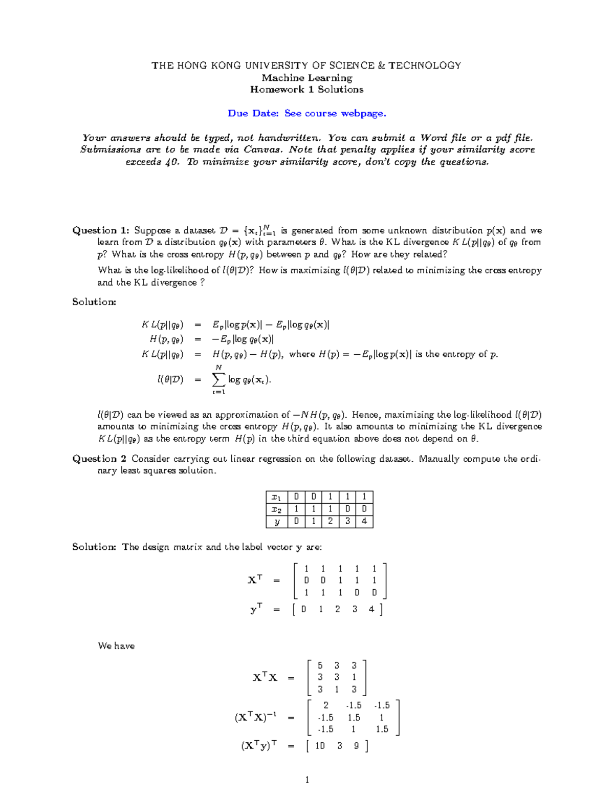 Machine Learning (COMP 540) Homework 1 Solutions and Analysis - Studocu