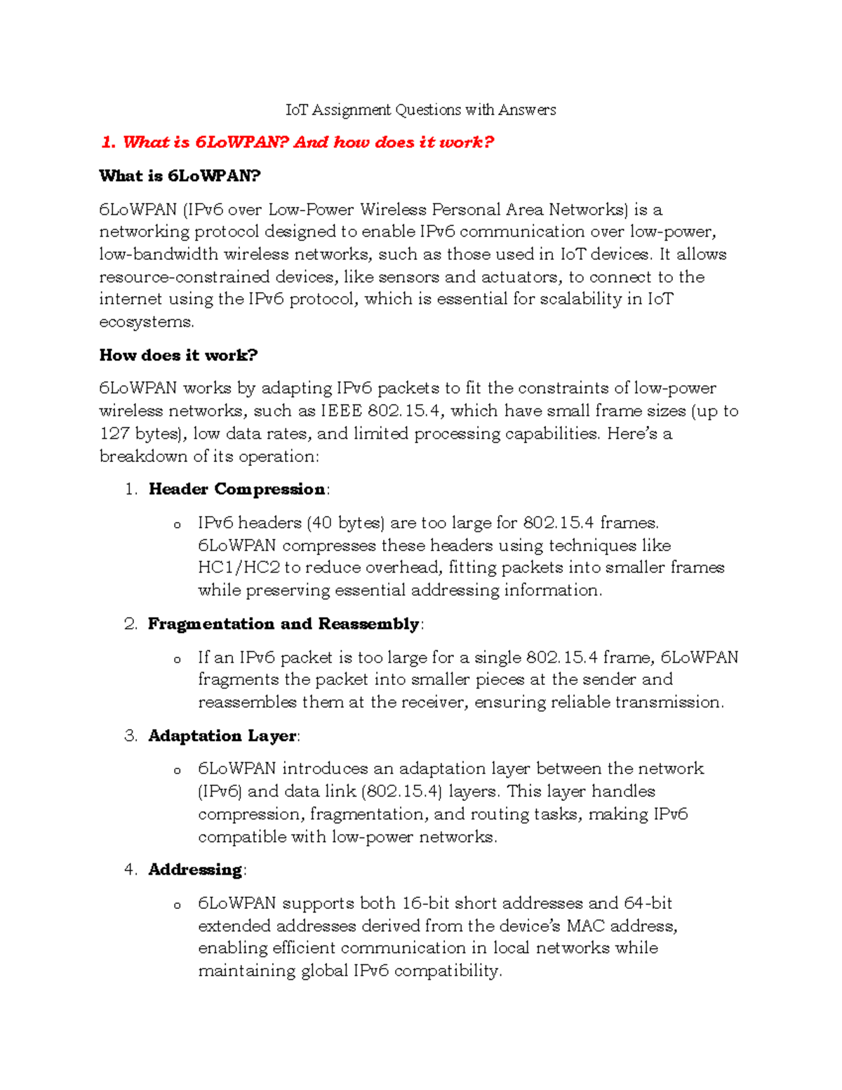 IoT Assignment Q&A: Understanding 6LoWPAN Protocol and Its Features - Studocu