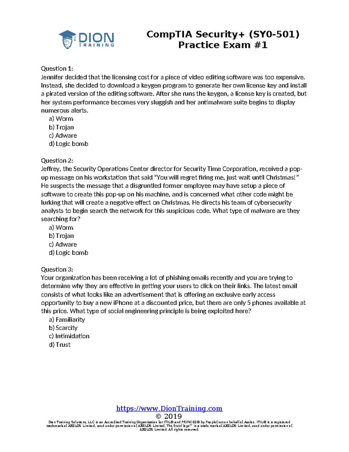 Security+ Practice Exam: Malware, Phishing, and Network Security Concepts - Studocu