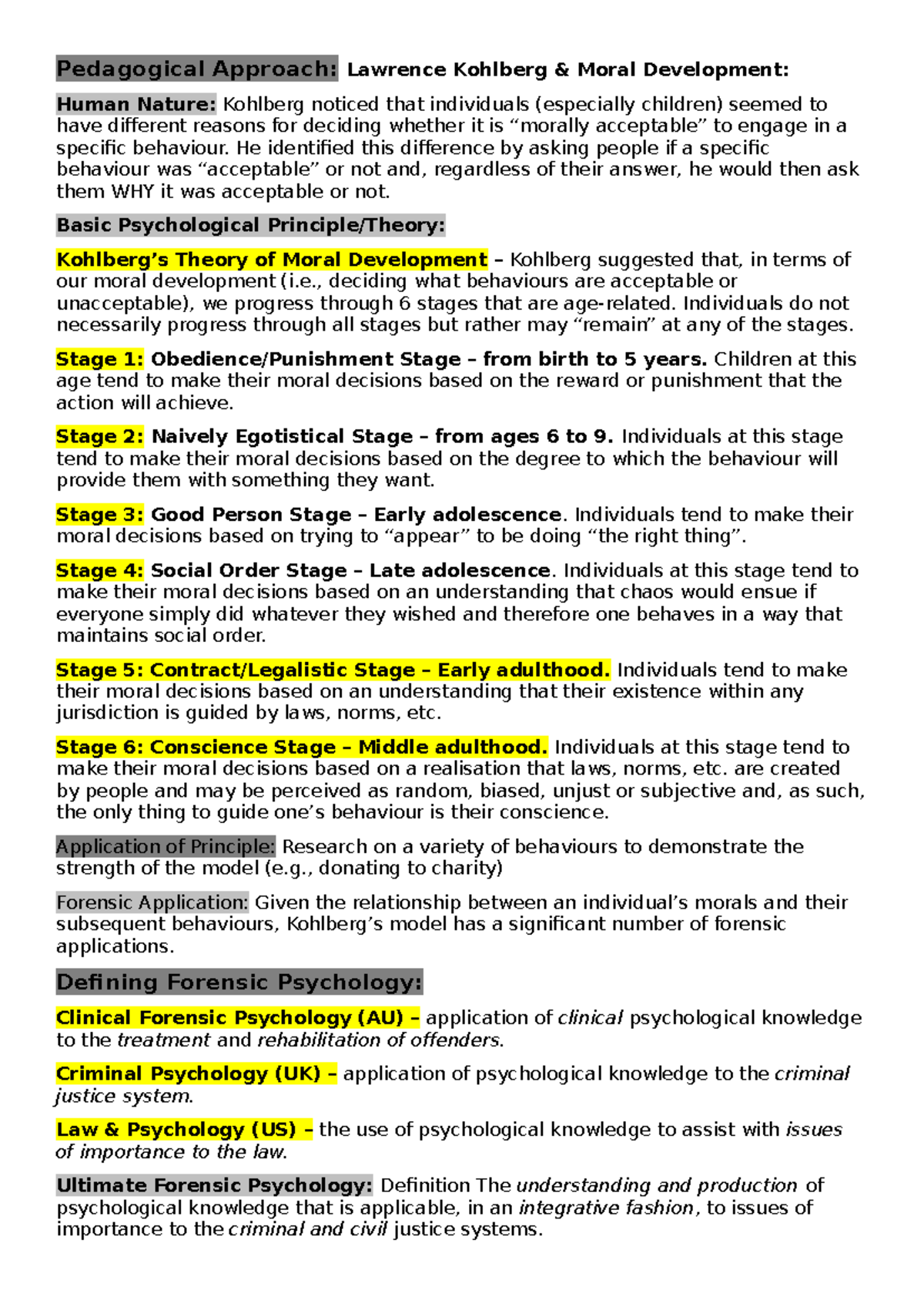 MID TERM Notes: Kohlberg's Moral Development & Forensic Psychology ...