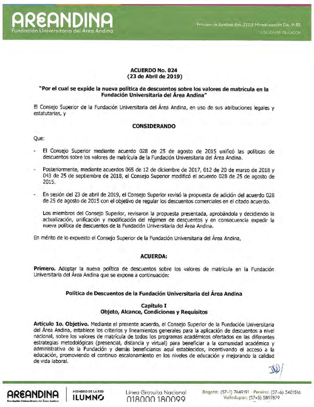 Nueva política de descuentos sobre matrícula - Acuerdo 024, 2019 - Studocu