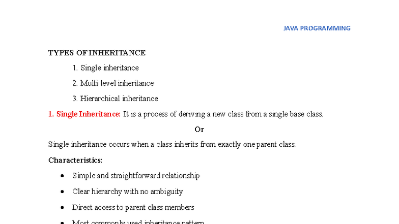 JAVA PROGRAMMING: TYPES OF INHERITANCE EXPLAINED - Studocu