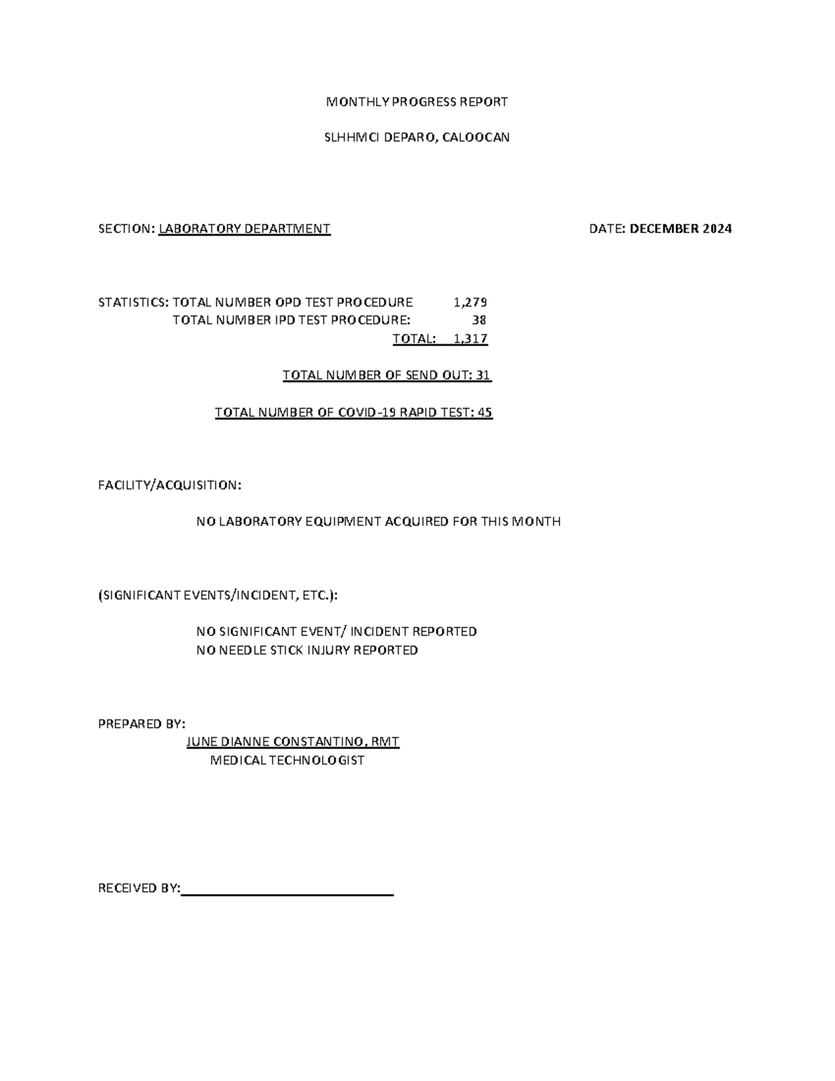 December 2024 Laboratory Census & Progress Report SLHHMCI - Studocu