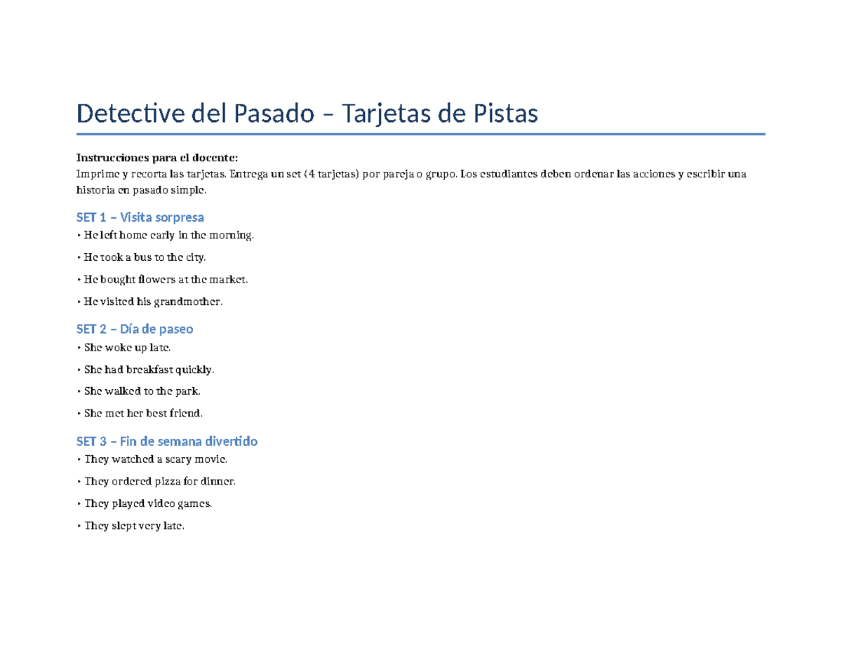 Tarjetas de Pistas: Detective del Pasado para Estudiantes - Studocu