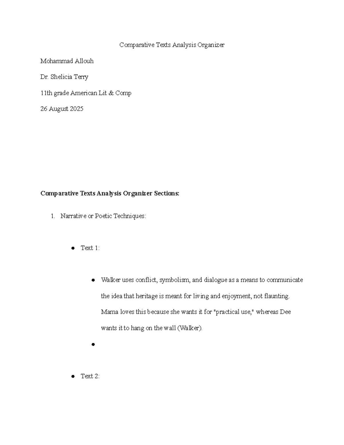 Comparative Texts Analysis Organizer: Walker & Brooks Insights - Studocu