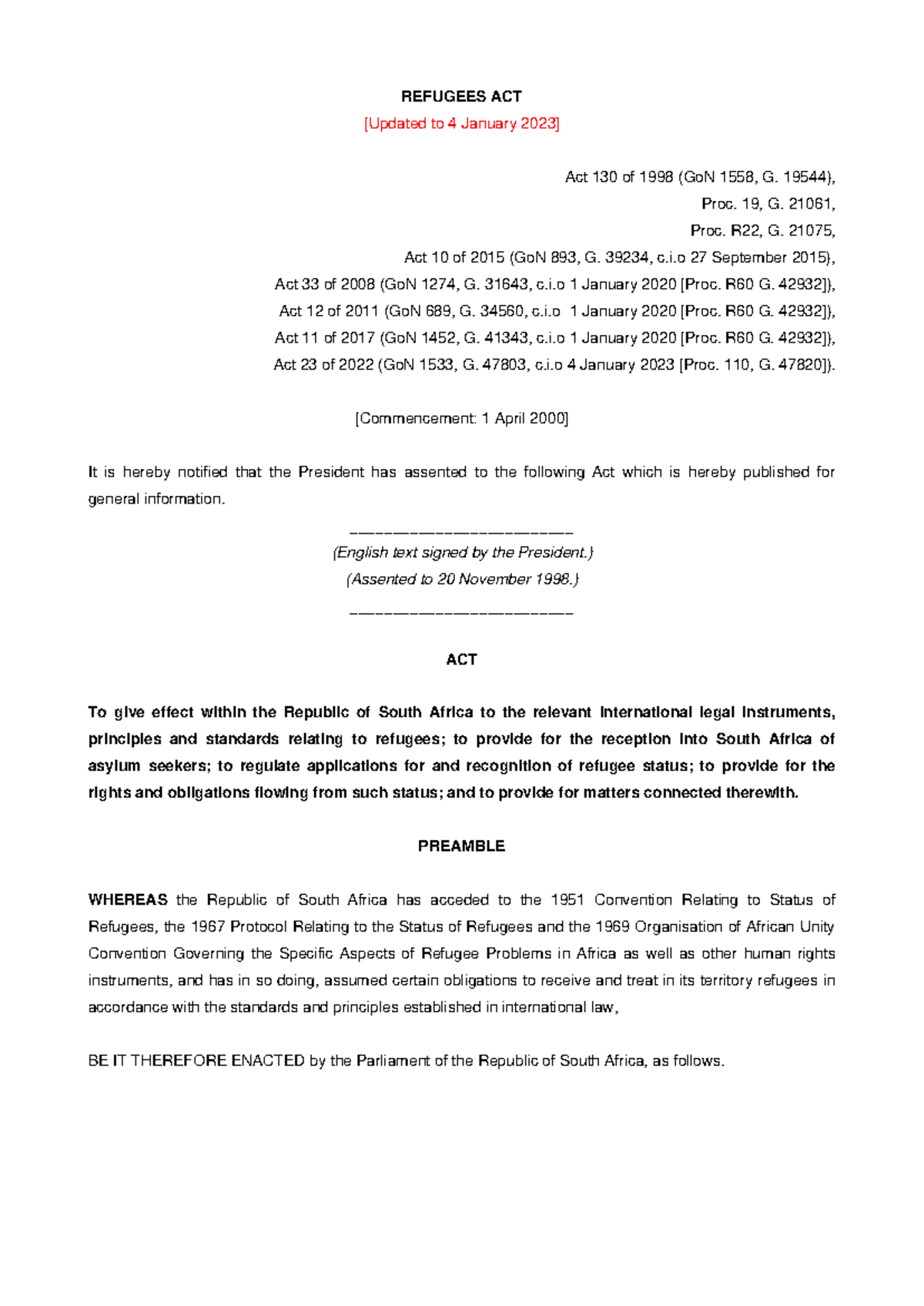 Updated Refugee Act (Act 130 of 1998) Overview and Amendments - Studocu