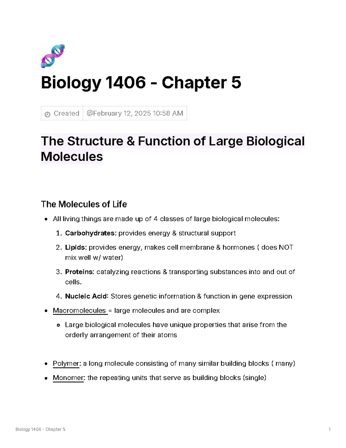 Biology 1406 - Chapter 5: Structure & Function of Large Biological ...