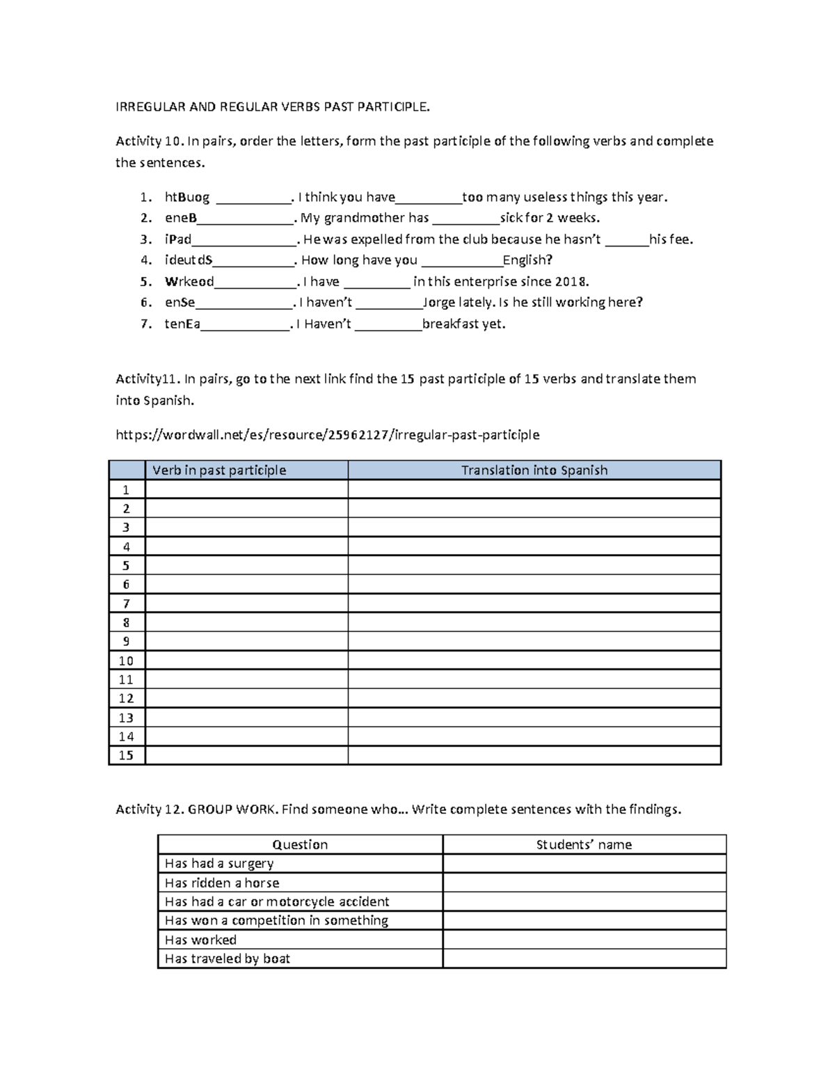 03 Irregular & Regular Verbs: Past Participles Activities Guide - Studocu