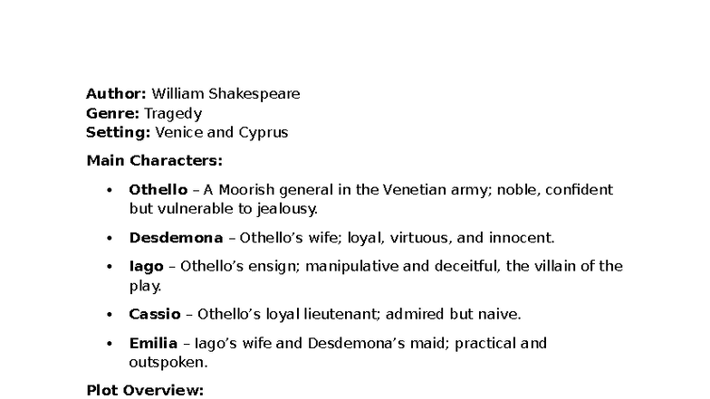 Othello (ENG 101) - Key Themes, Characters & Plot Summary - Studocu