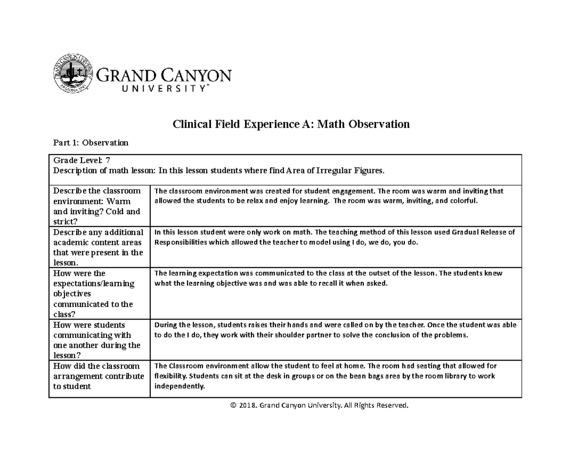 ELM 560: Math Observation Report on 7th Grade Classroom Engagement ...