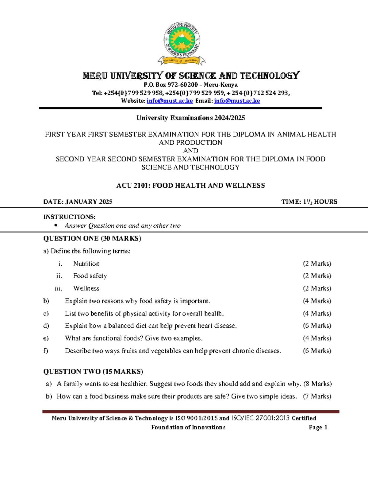 ACU 2101: Food Health and Wellness Exam Notes - Studocu