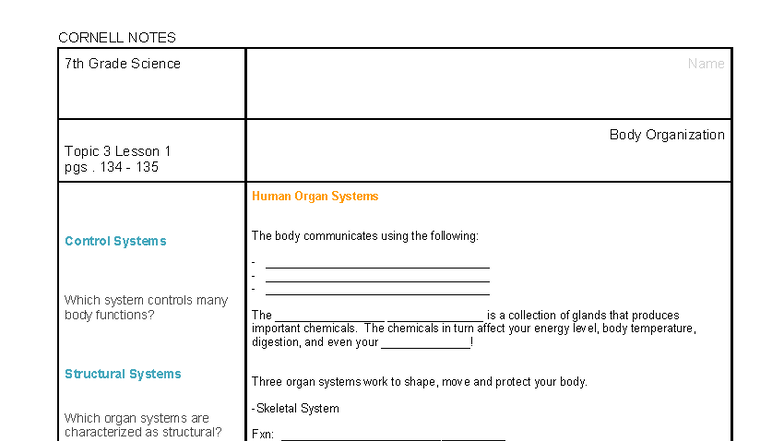 CORNELL NOTES 7th Grade Science: Body Organization - Topic 3 Lesson 1 ...