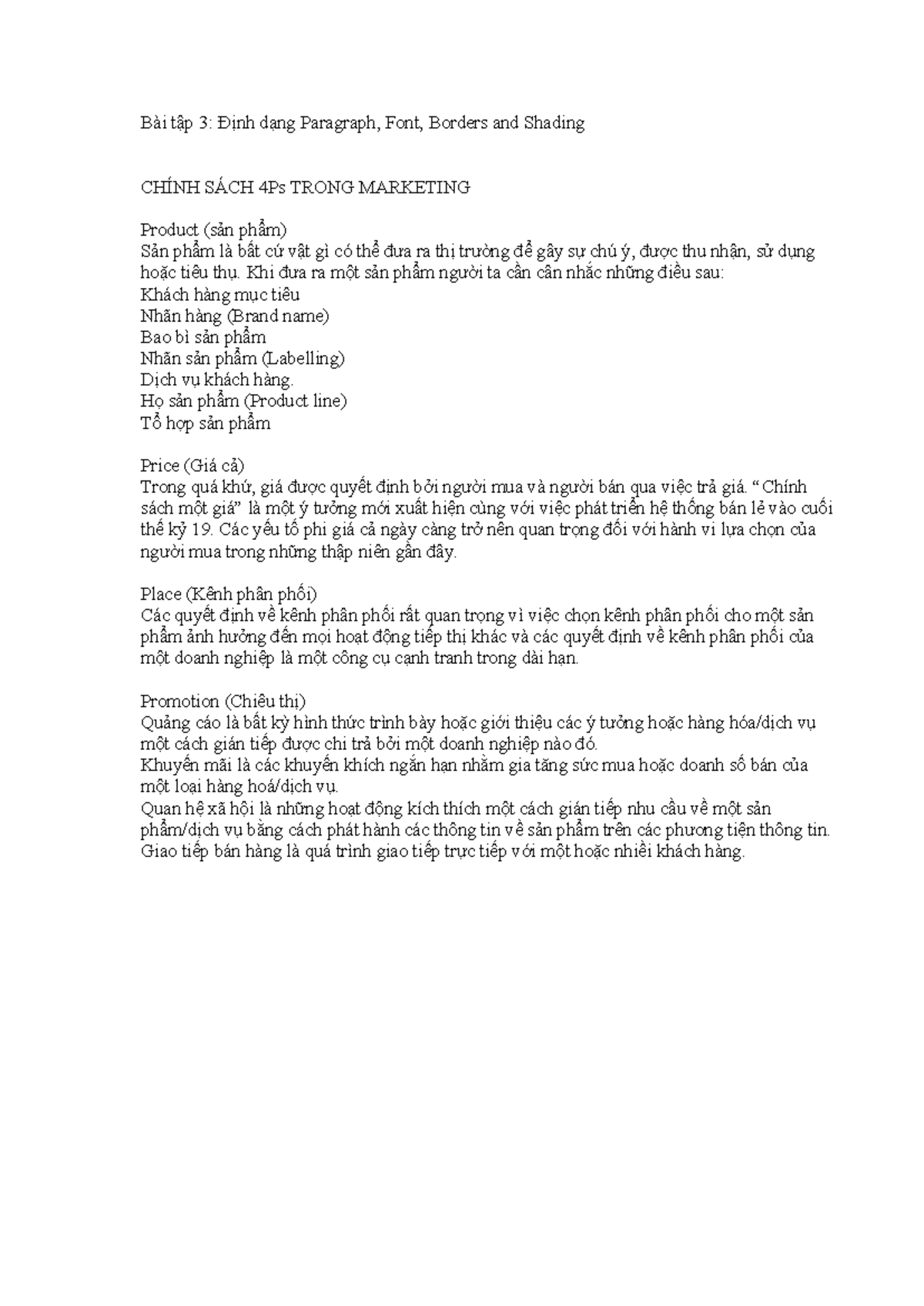 Bài tập 3: Định dạng Paragraph, Font, Borders và Shading - CHÍNH SÁCH ...